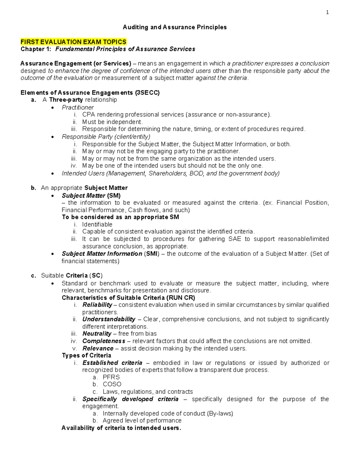 Aud Theo 3SECC - Key Elements of Assurance Engagements Exam Notes - Studocu
