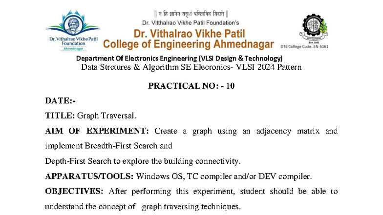 Graph Traversal Techniques: BFS & DFS - SE VLSI 2024 Practical - Studocu