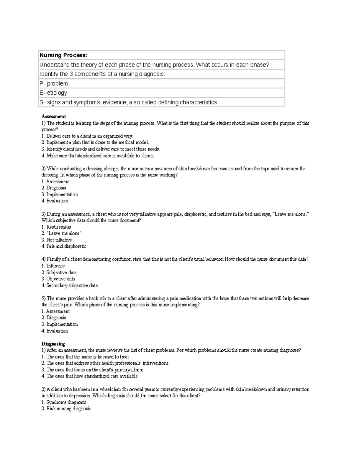 Exam 2 Practice Questions - Nursing Process: Understand the theory of ...