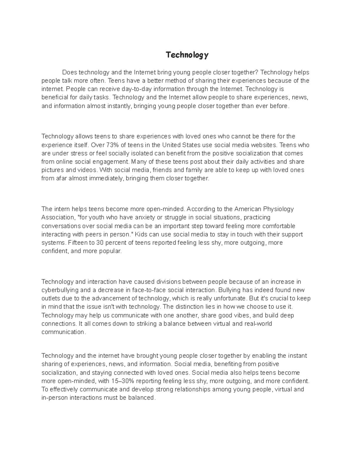 Essays - Impact of Technology & Internet on Youth Connection - Studocu