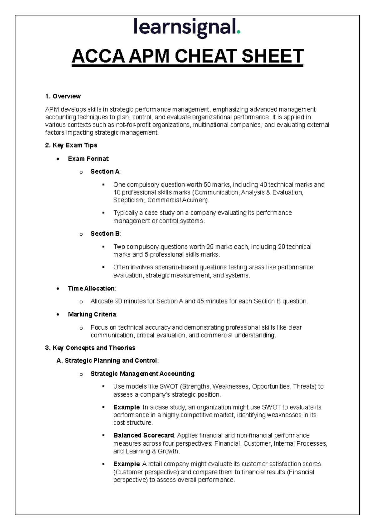 ACCA APM CHEAT SHEET: Key Concepts & Exam Tips for Success - Studocu