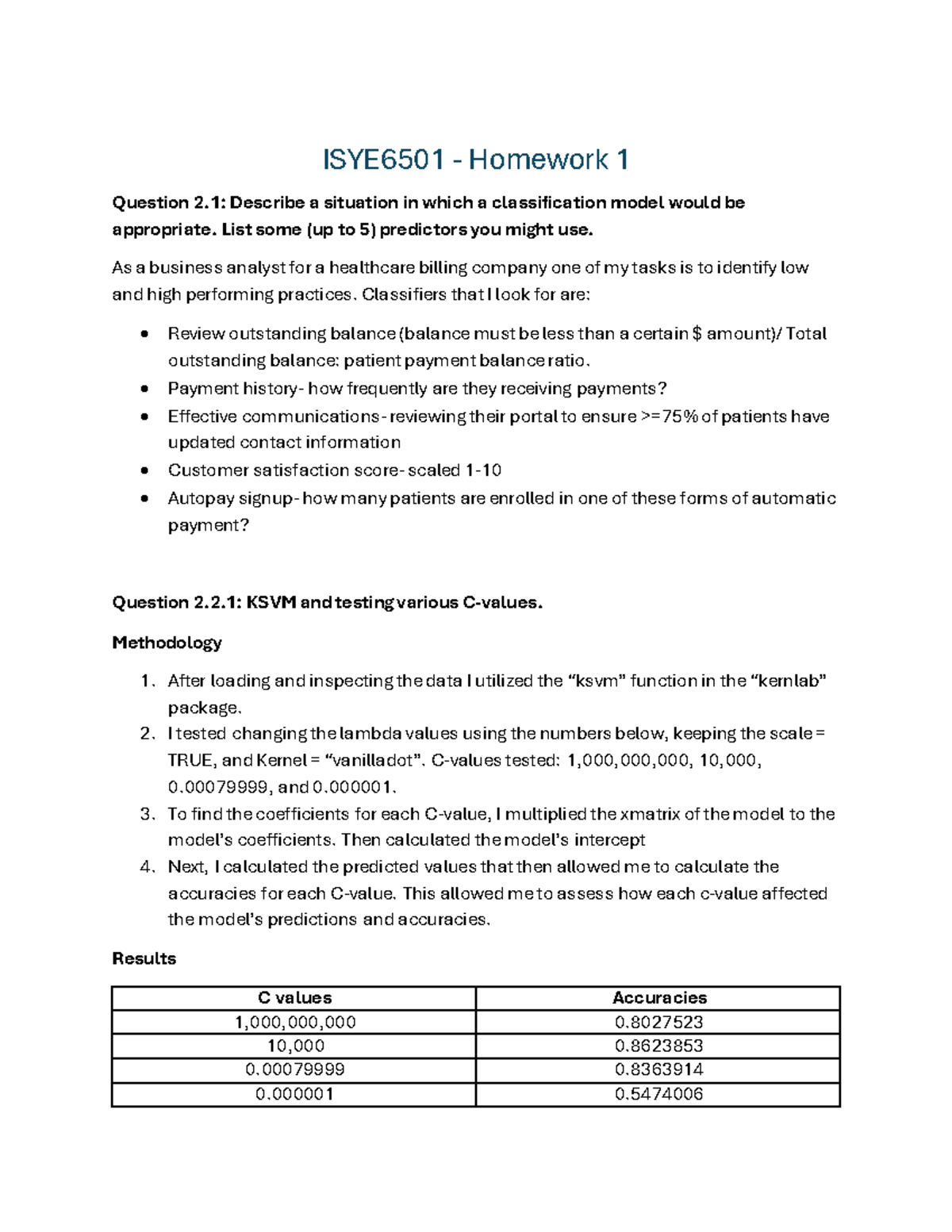 ISYE6501 Homework 1: Classification Models & Methodologies - Studocu