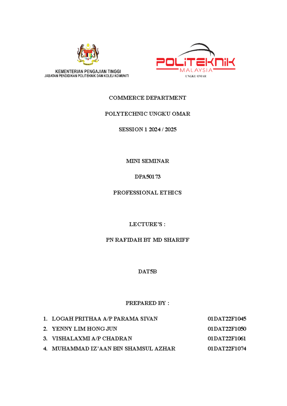 Ethics for Accountants Seminar Report - DPA50173 (01DAT22F1045,F1050 ...