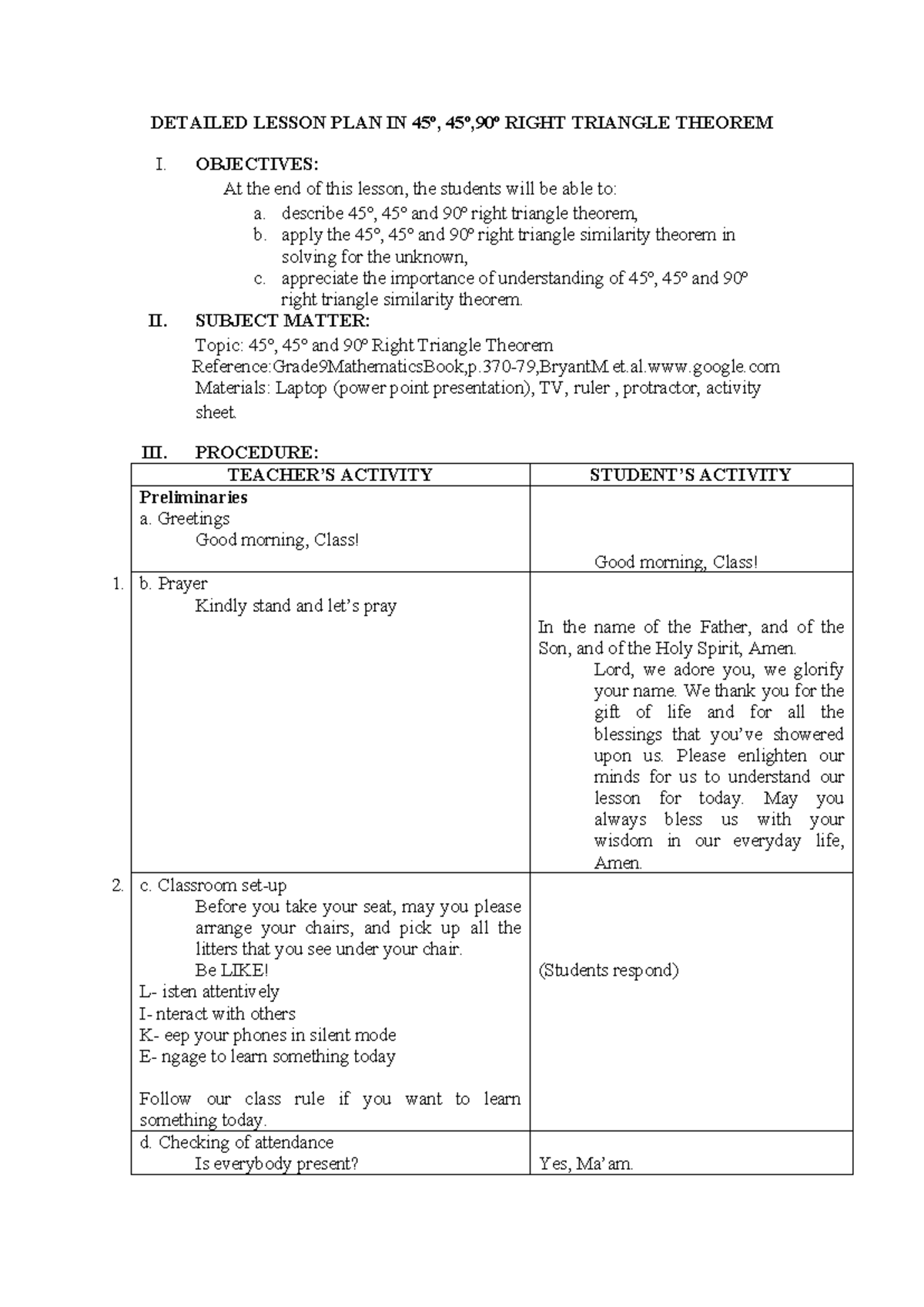 Semi-detailed lesson plan in 45,45 and 90 right triangle - DETAILED ...