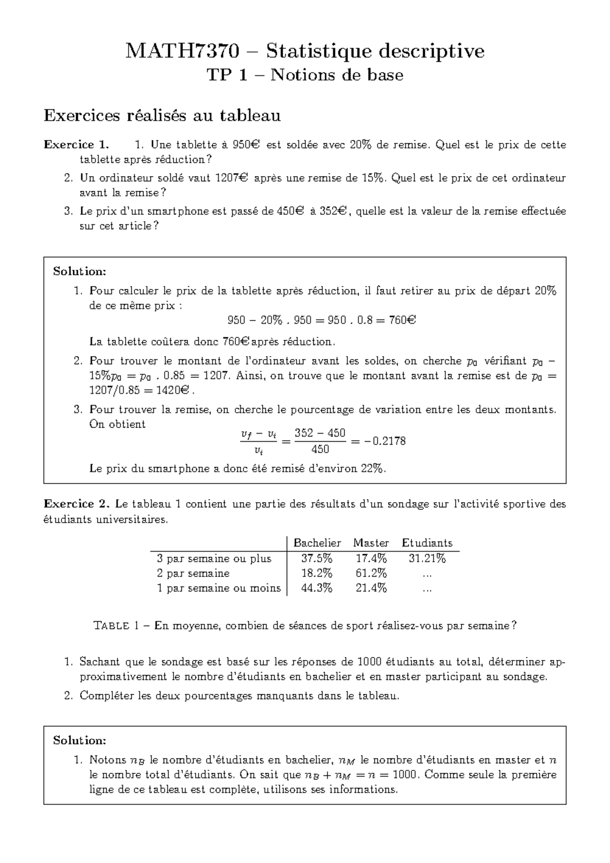 MATH7370 TP1 Corrigé - Statistiques Descriptives et Exercices - Studocu