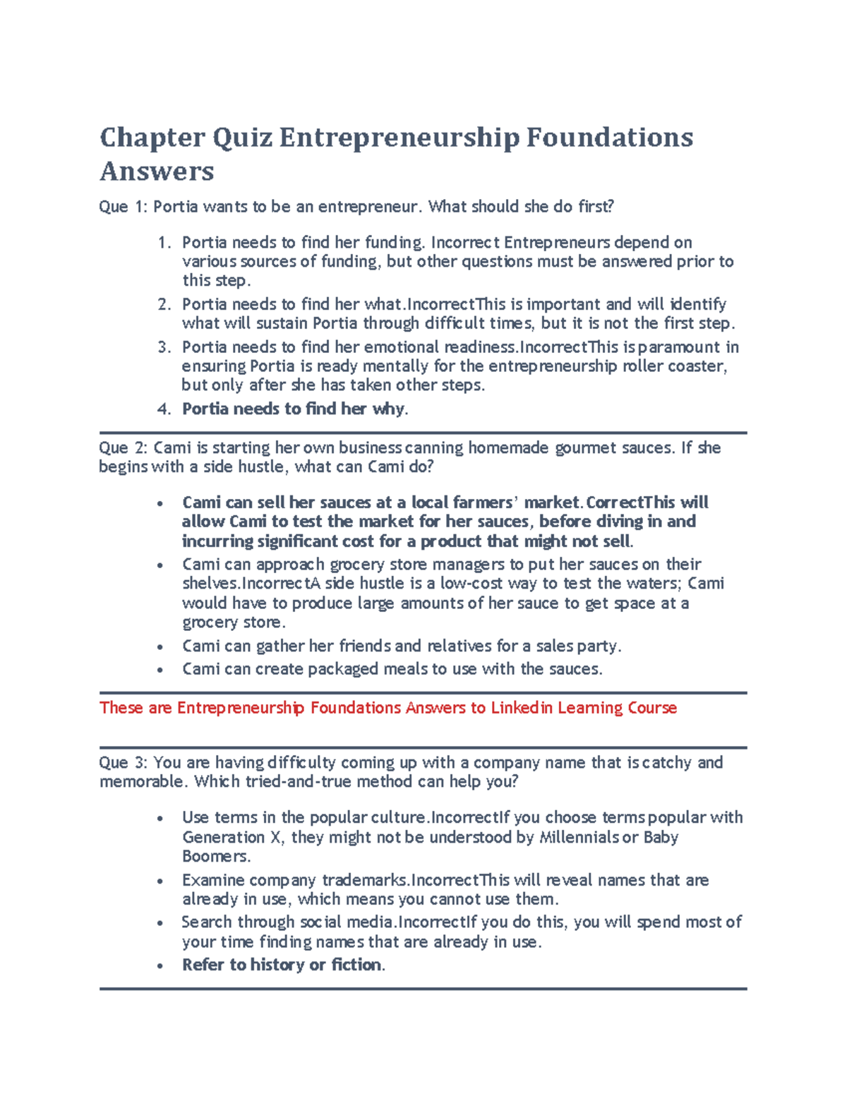 Chapter Quiz Answers: Entrepreneurship Foundations Insights - Studocu