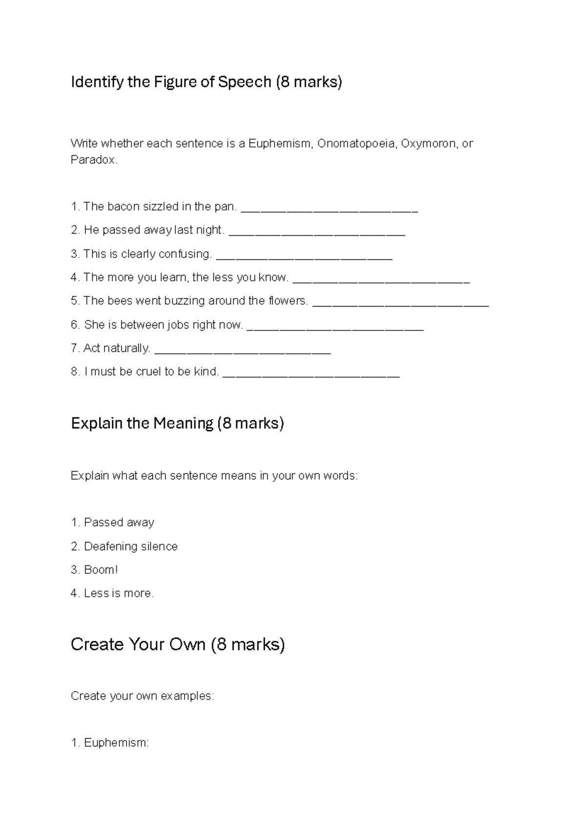 Worksheet: Identify Figures of Speech & Create Examples (8 Marks) - Studocu