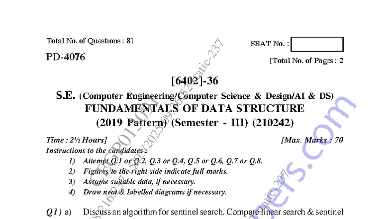 Fundamentals of Data Structures (CE 210242) - Semester 3 Exam 2025 ...