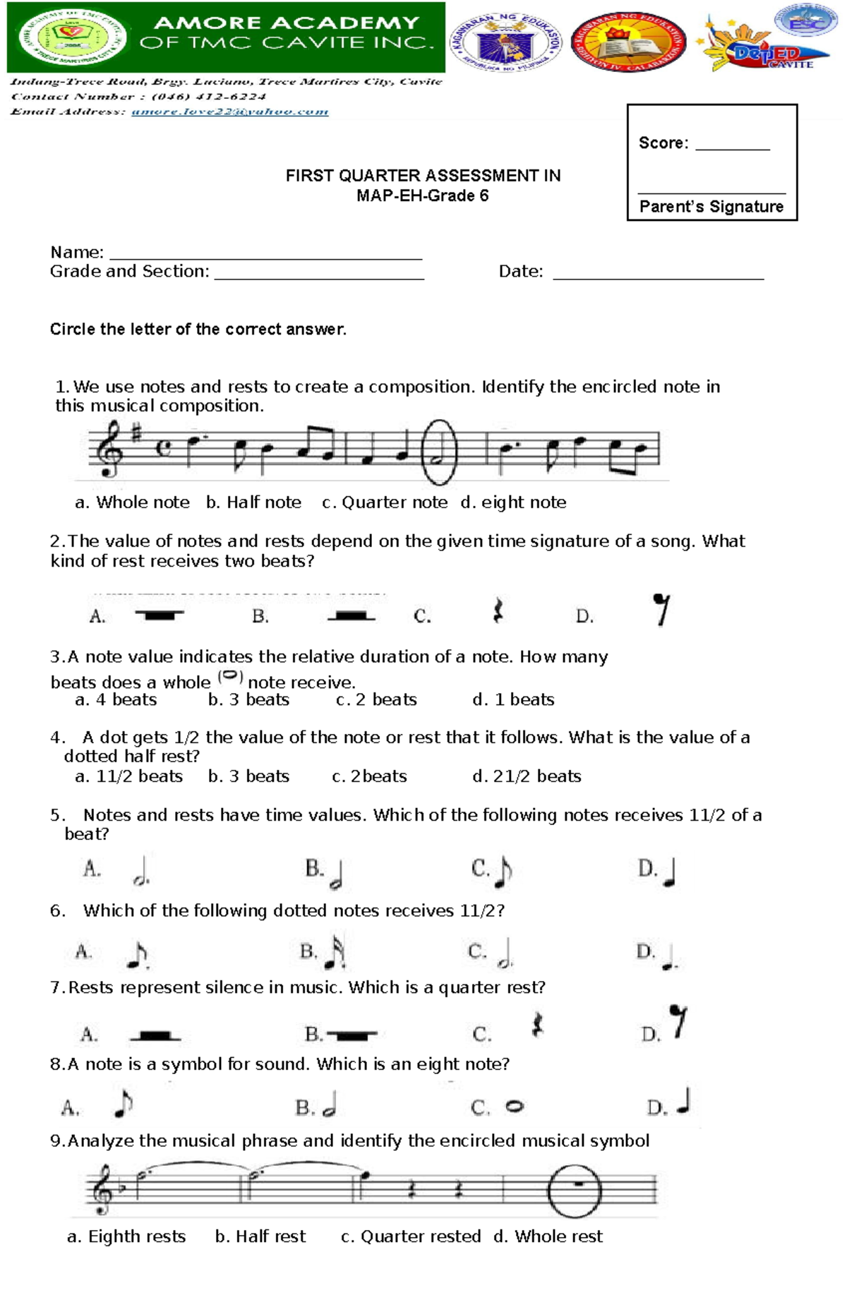 44 Mapeh Grade 6 - 2nd quater exam - FIRST QUARTER ASSESSMENT IN MAP-EH ...
