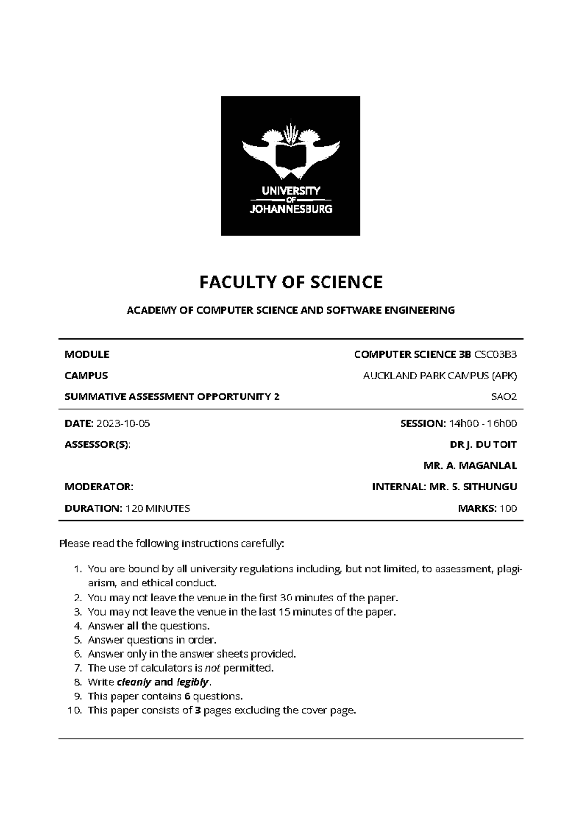 CSC03B3 Computer Science 3B Summative Assessment Opportunity 2 - Studocu