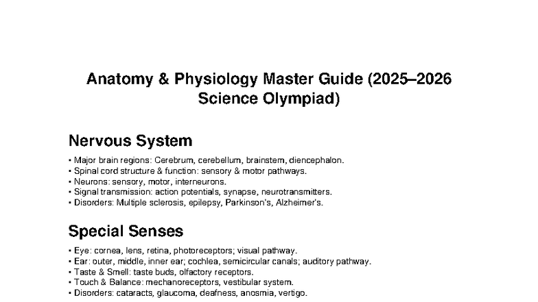 Anatomy SciOly 25-26 Master Guide: Nervous & Endocrine Systems - Studocu