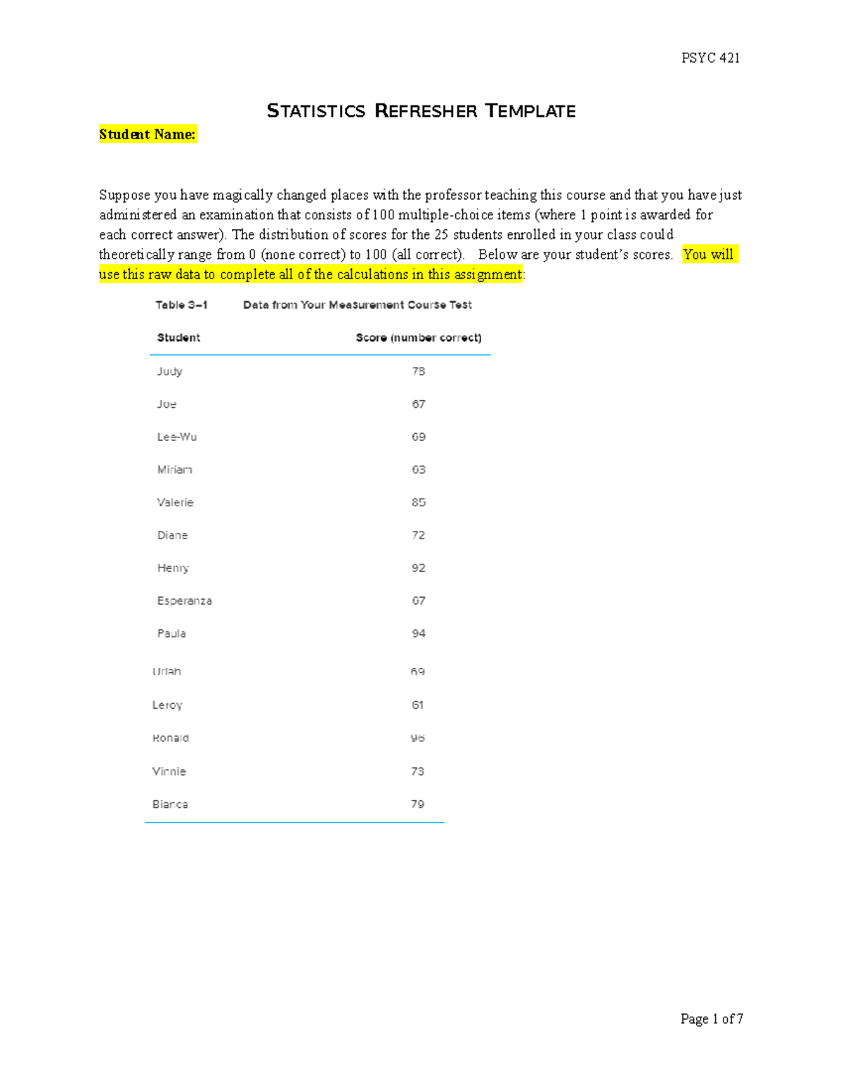 Statistics Refresher Assignment for Grade Calculation and Analysis ...
