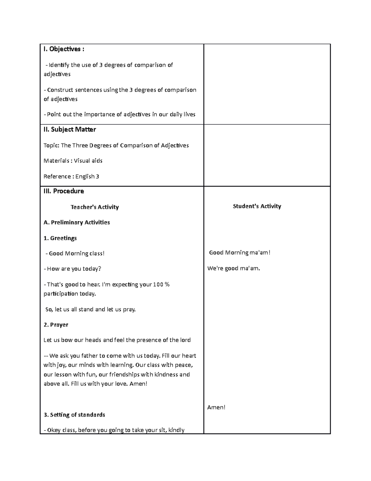 Detailed lesson plan in English 3 - I. Objectives : Identify the use of ...