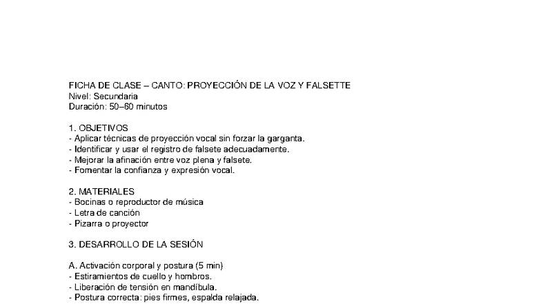 Ficha de Clase Canto: Proyección de la Voz y Falsete - Secundaria - Studocu