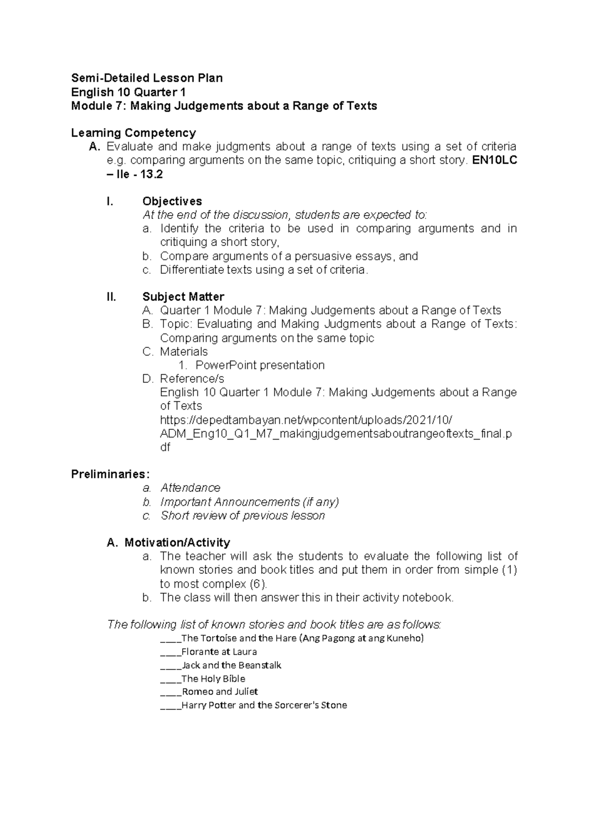 Lesson Plan EN10 Q1 M7: Evaluating Texts & Making Judgments - Studocu