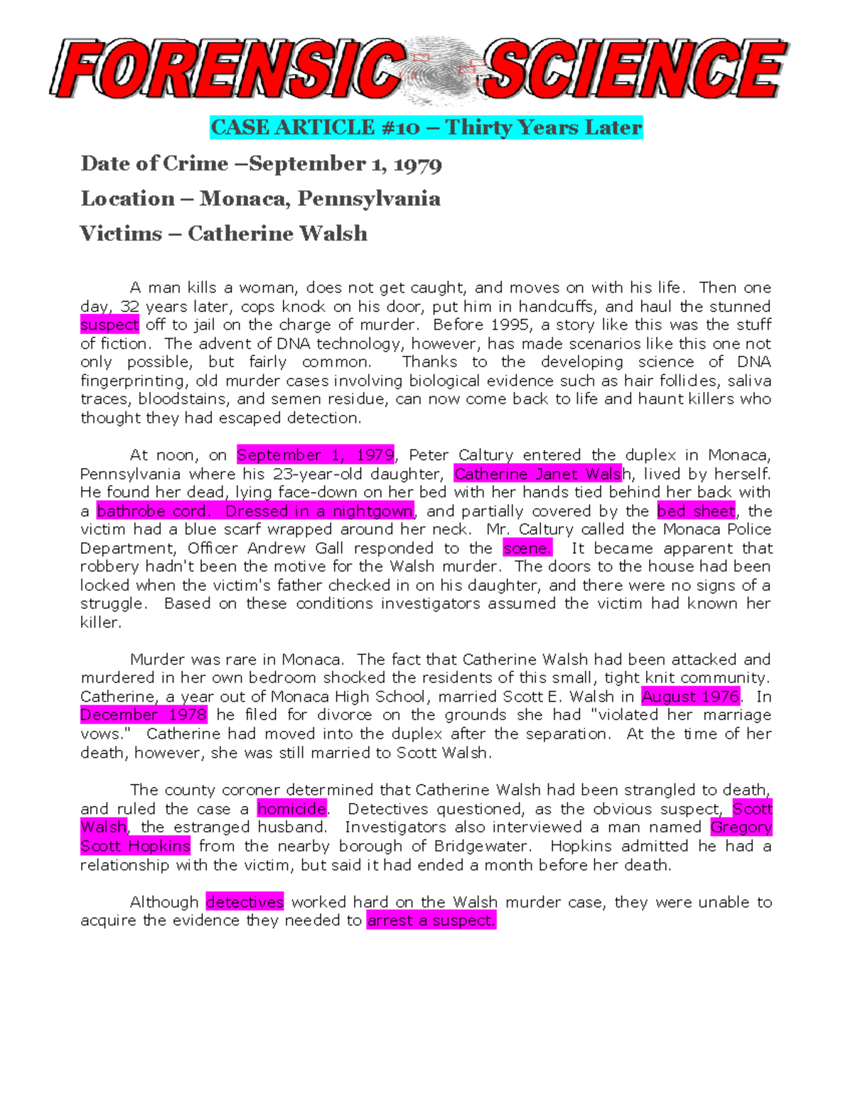 Forensic Case Study #10: The Murder of Catherine Walsh, 32 Years Later ...