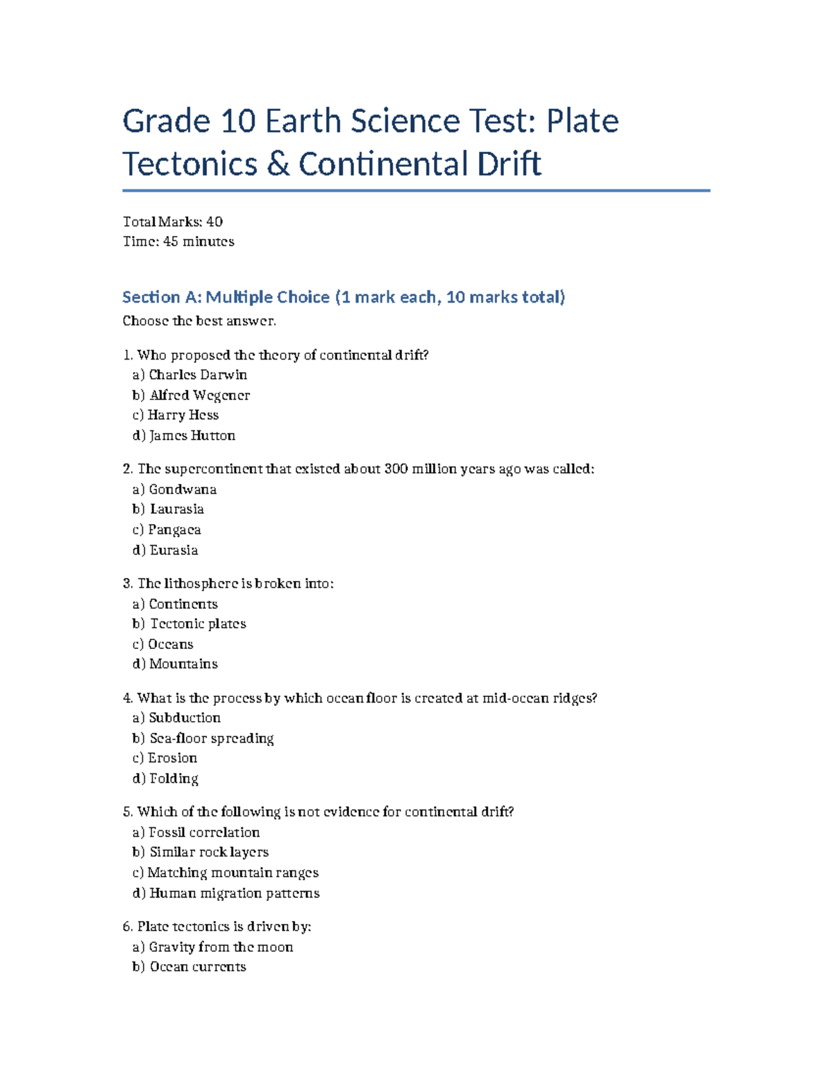 Grade 10 Earth Science Test: Plate Tectonics & Continental Drift - Studocu