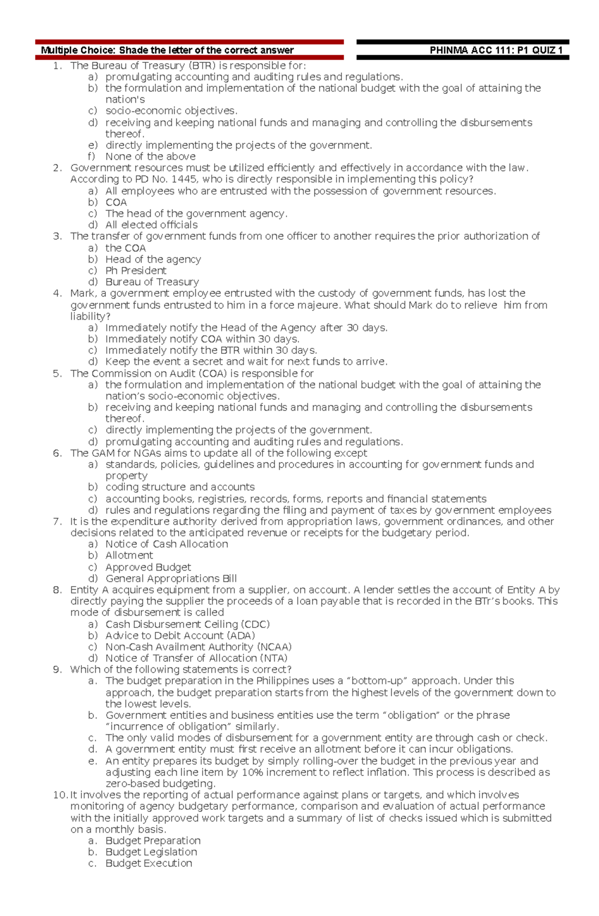 ACC 111 P1 QUIZ 1 - Multiple Choice Questions on Accounting Principles ...