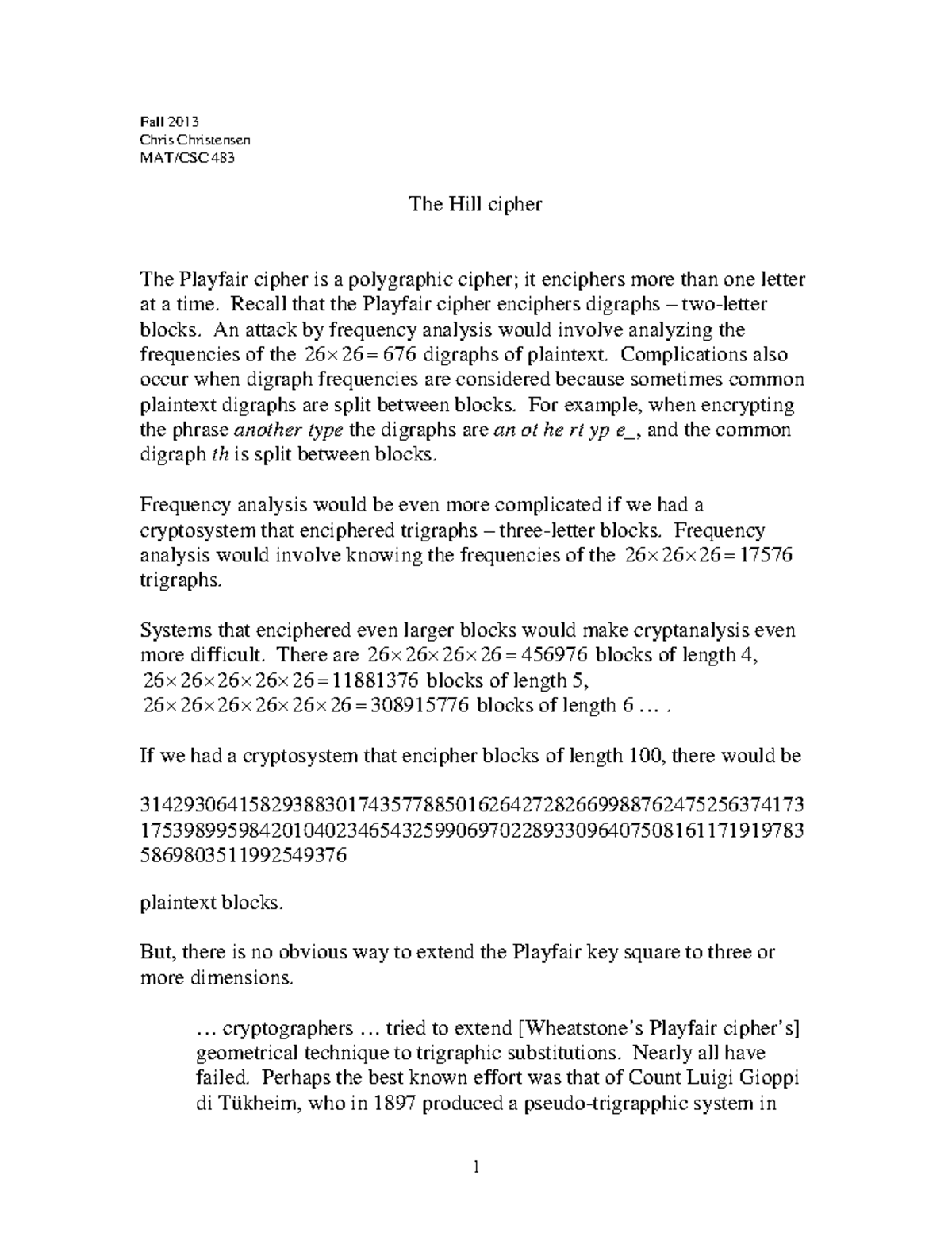 Hill cipher - Good for Math cryptograpghy project - Fall 2013 Chris ...