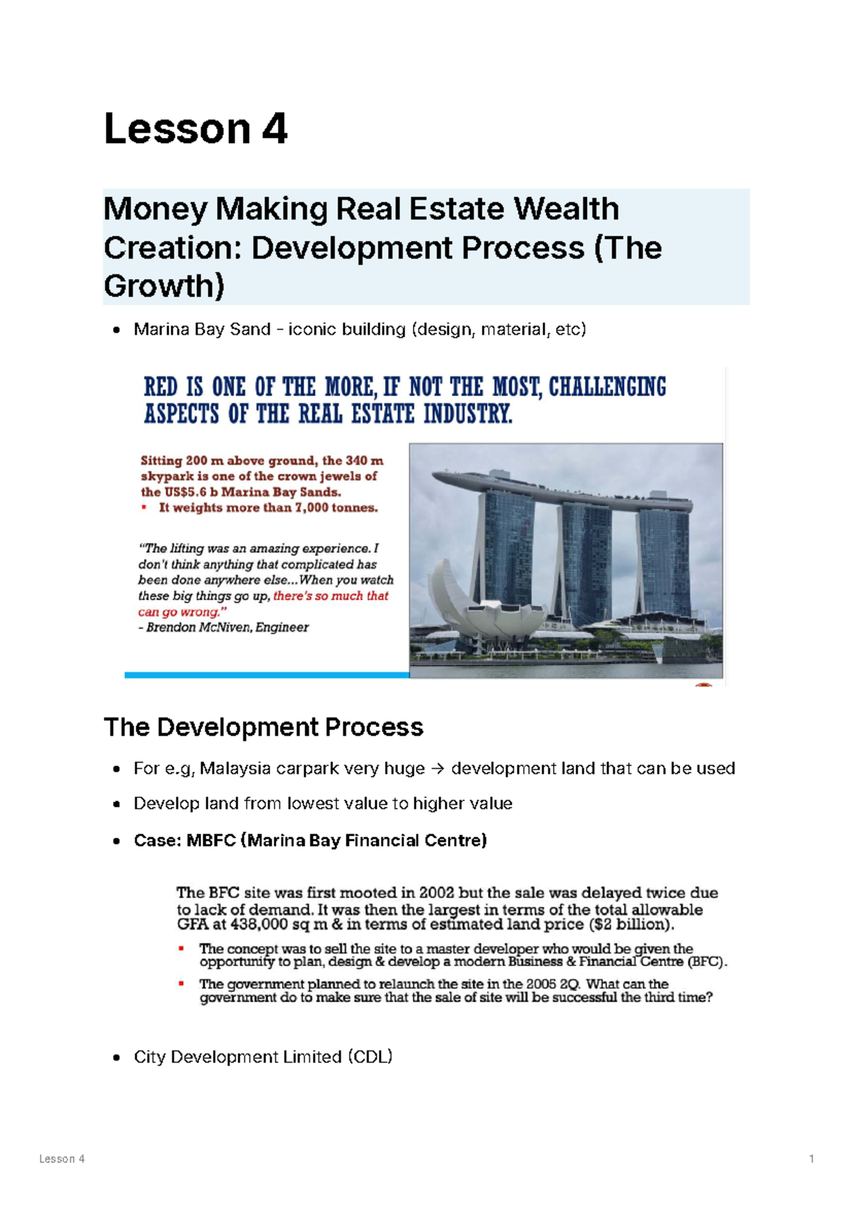 Lesson 4: Real Estate Wealth Creation & Development Process - Studocu