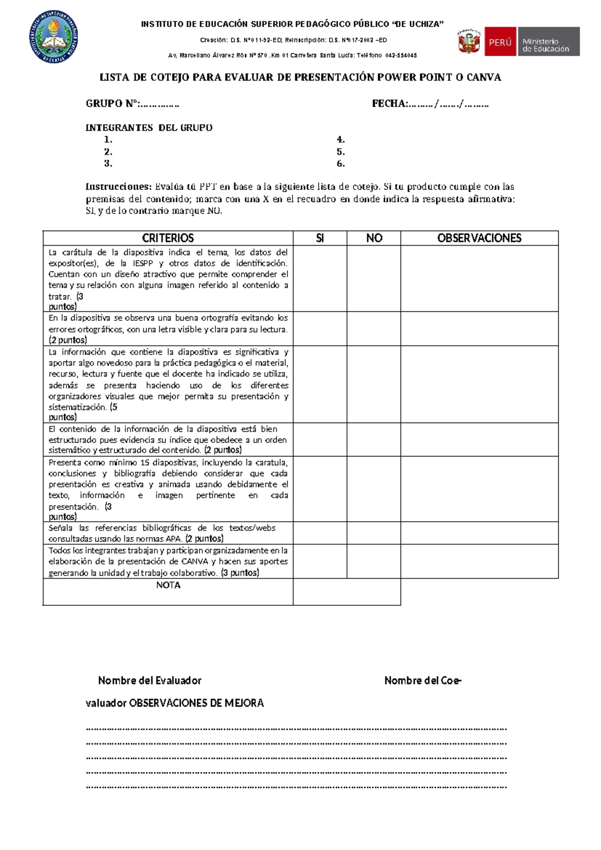 Lista de Cotejo para Evaluar PPT - D.S. Nº Reinscripción - Studocu