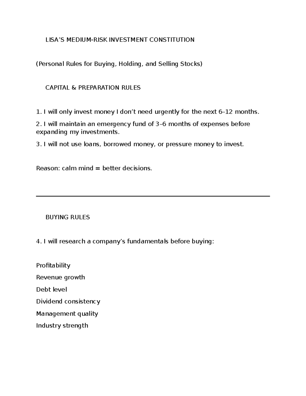 My Investment Rules - Personal Guidelines for Stock Trading - Studocu