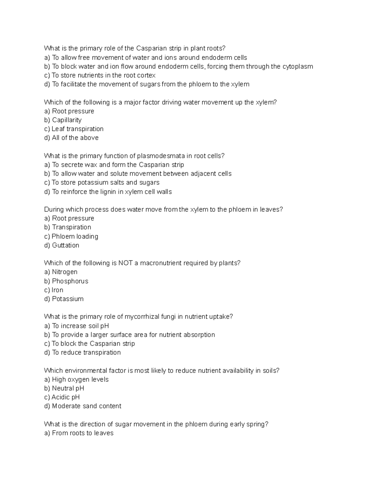 Bio 2 exam practice - What is the primary role of the Casparian strip ...