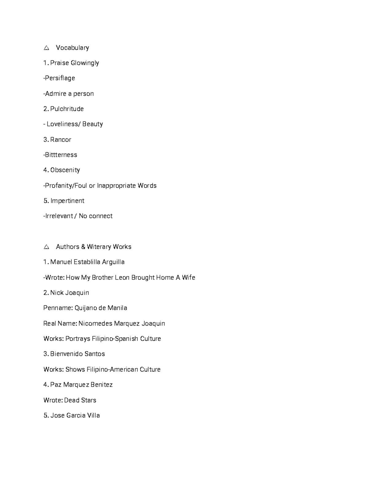 English Vocabulary & Literary Works Review Notes - Studocu
