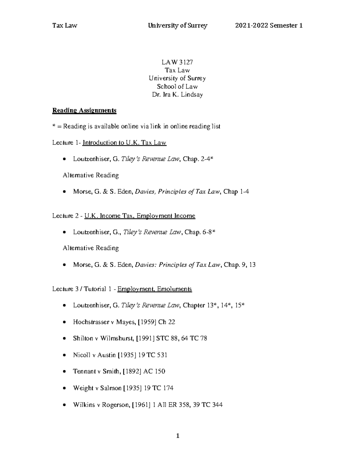 LAW 3127 - Summary of Reading Assignments for Tax Law Topics - Studocu