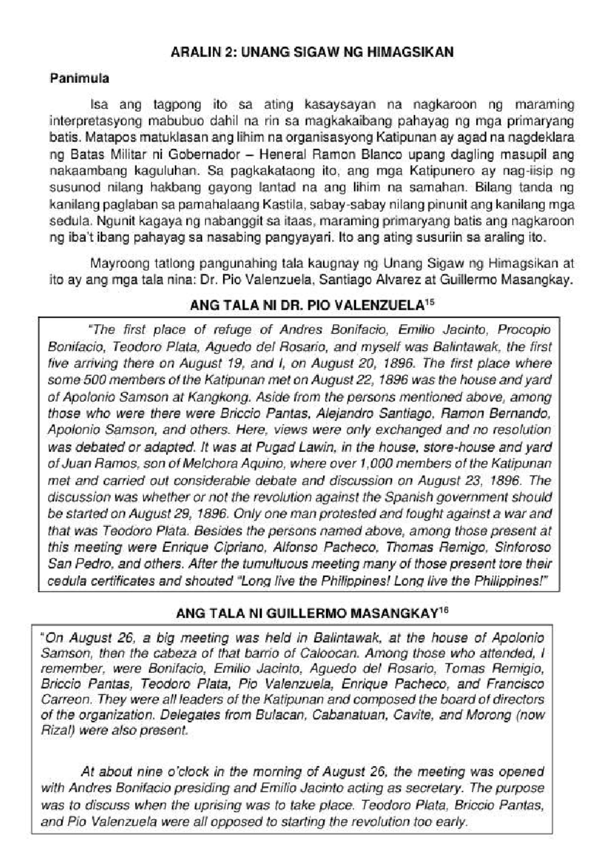 ARALIN 2: UNANG SIGAW NG HIMAGSIKAN - Pagsusuri at Interpretasyon - Studocu