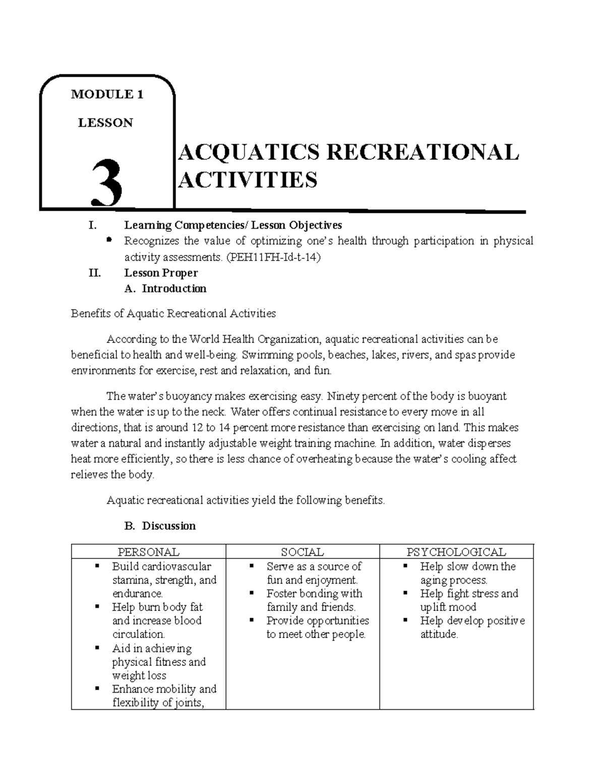 PE 4 MI W3 1 Aquatic Recreational Activities: Benefits & Learning ...