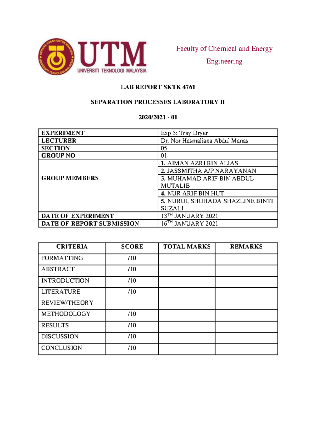 Tray Dryer Experiment Report - SKTK 4761 Lab Report - Studocu