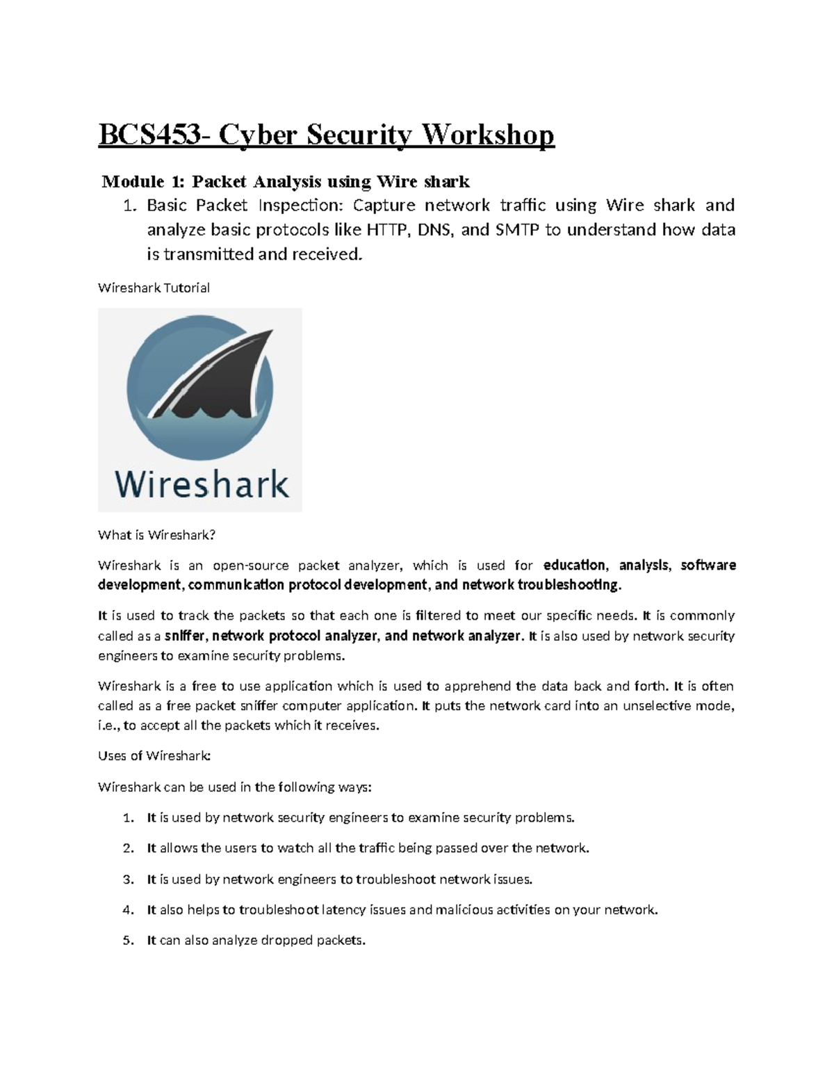 BCS453 Cyber Security Workshop: Wireshark Basics and Packet Analysis ...