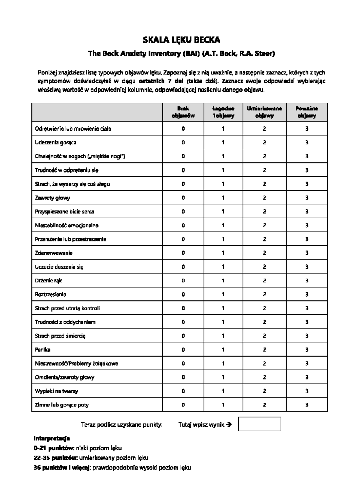 Kwestionariusz Becka do Oceny Poziomu Lęku (BAI) - Studocu