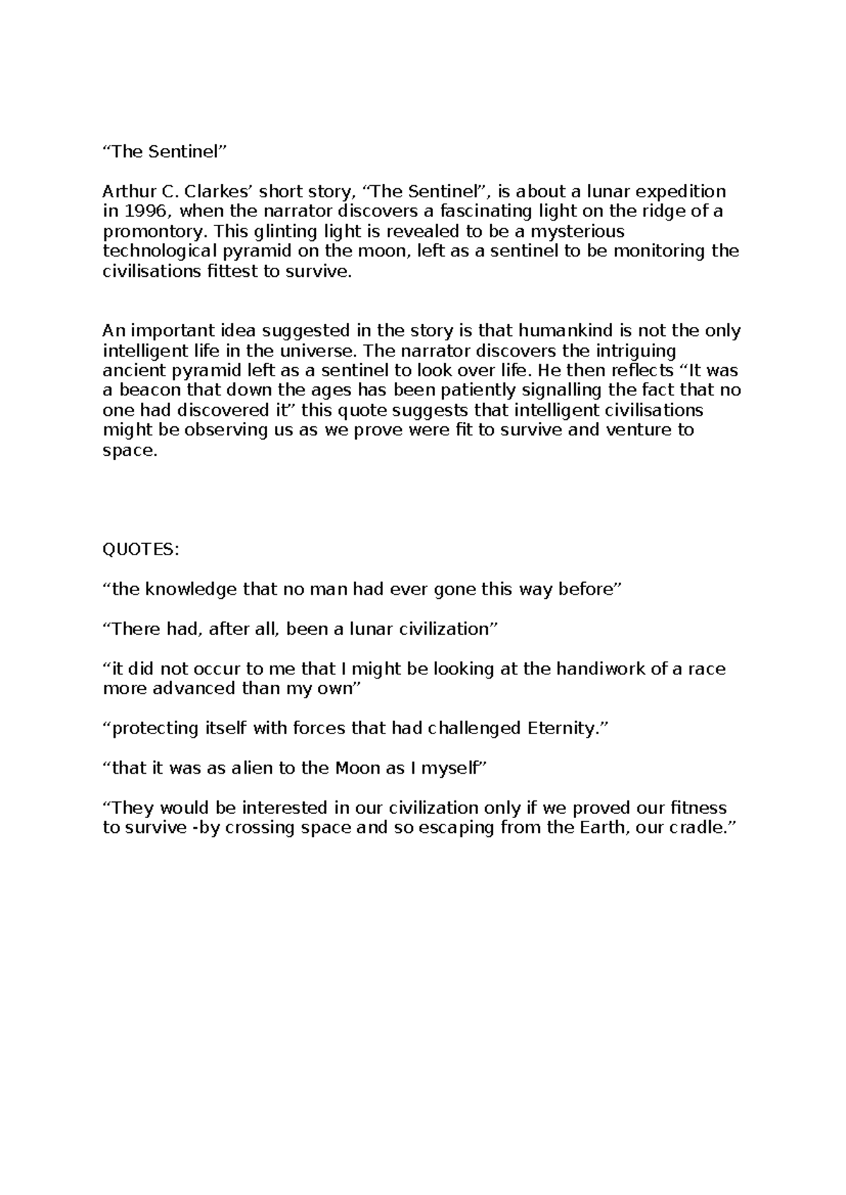 Summary of "The Sentinel" Short Story Analysis - Studocu