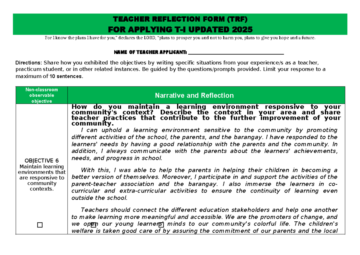 Teacher Reflection Form TRF 2025 Fgreen - TEACHER REFLECTION FORM (TRF) FOR APPLYING T-I UPDATED ...