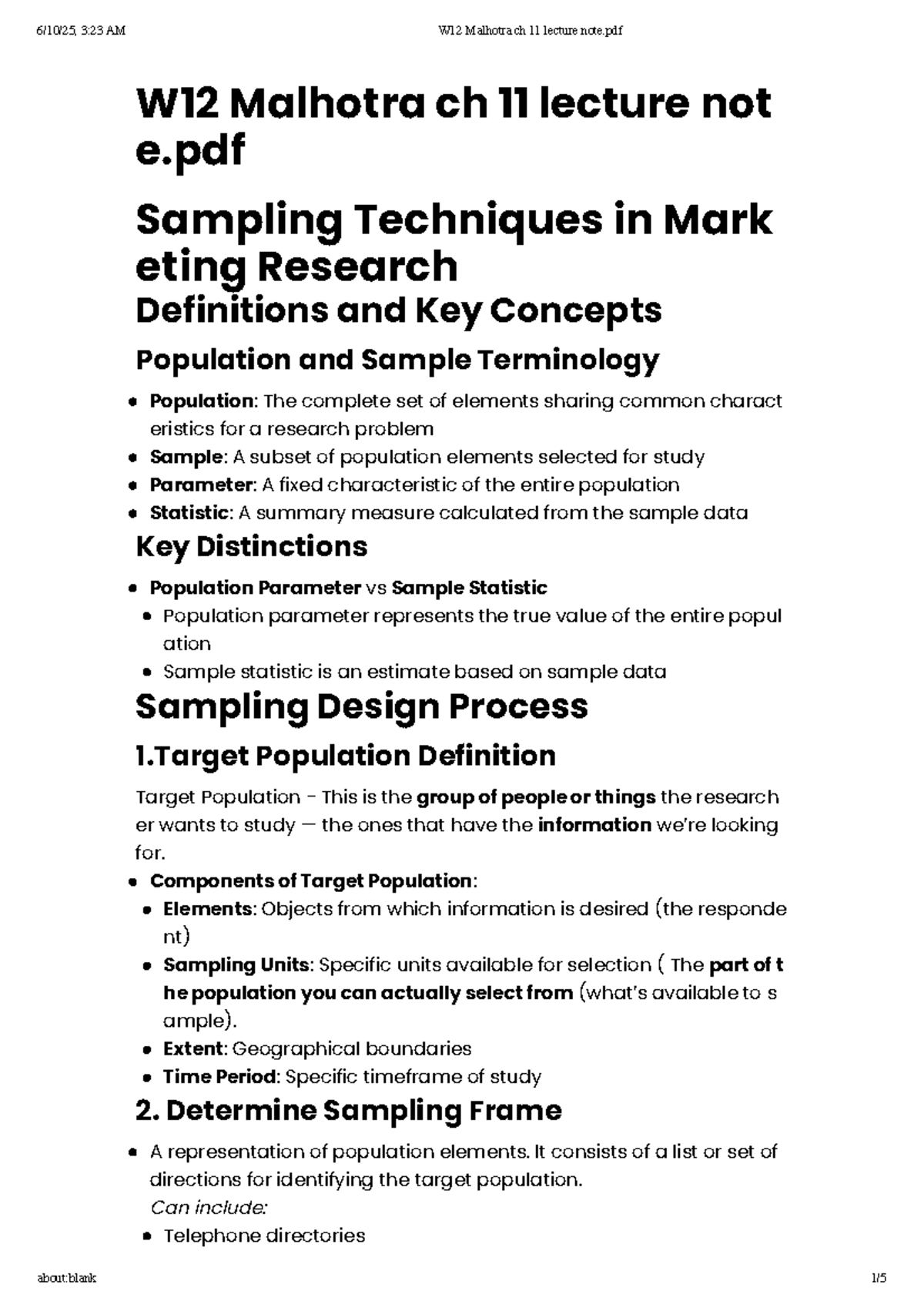 W12 Malhotra Ch 11 Lecture Notes Sampling Techniques In Marketing 0237