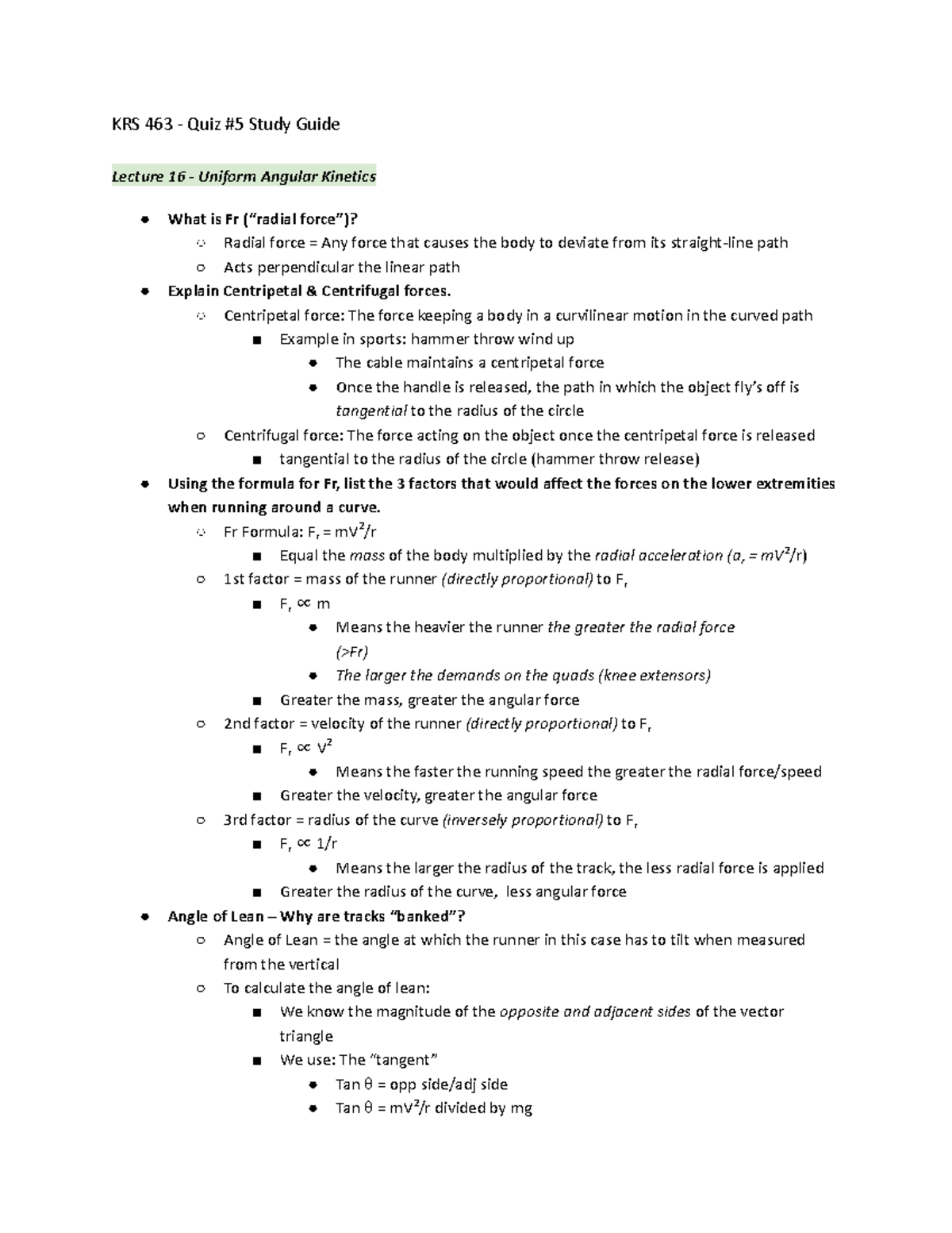 KRS463 Quiz 6 Study Guide on Angular Kinetics and Inertia - Studocu