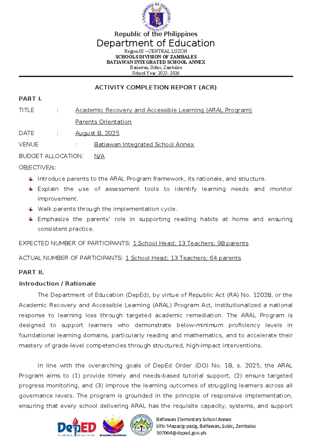 ARAL Program Parents Orientation ACR - Batiawan Integrated School - Studocu