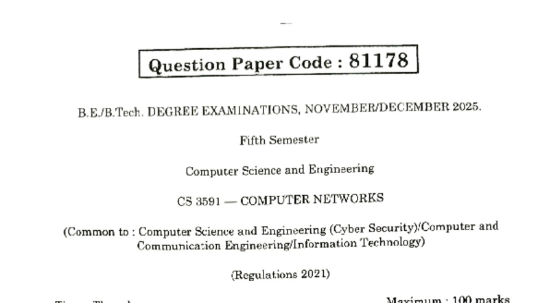 CS 3591 - Computer Networks Degree Exam Question Paper 2025 - Studocu