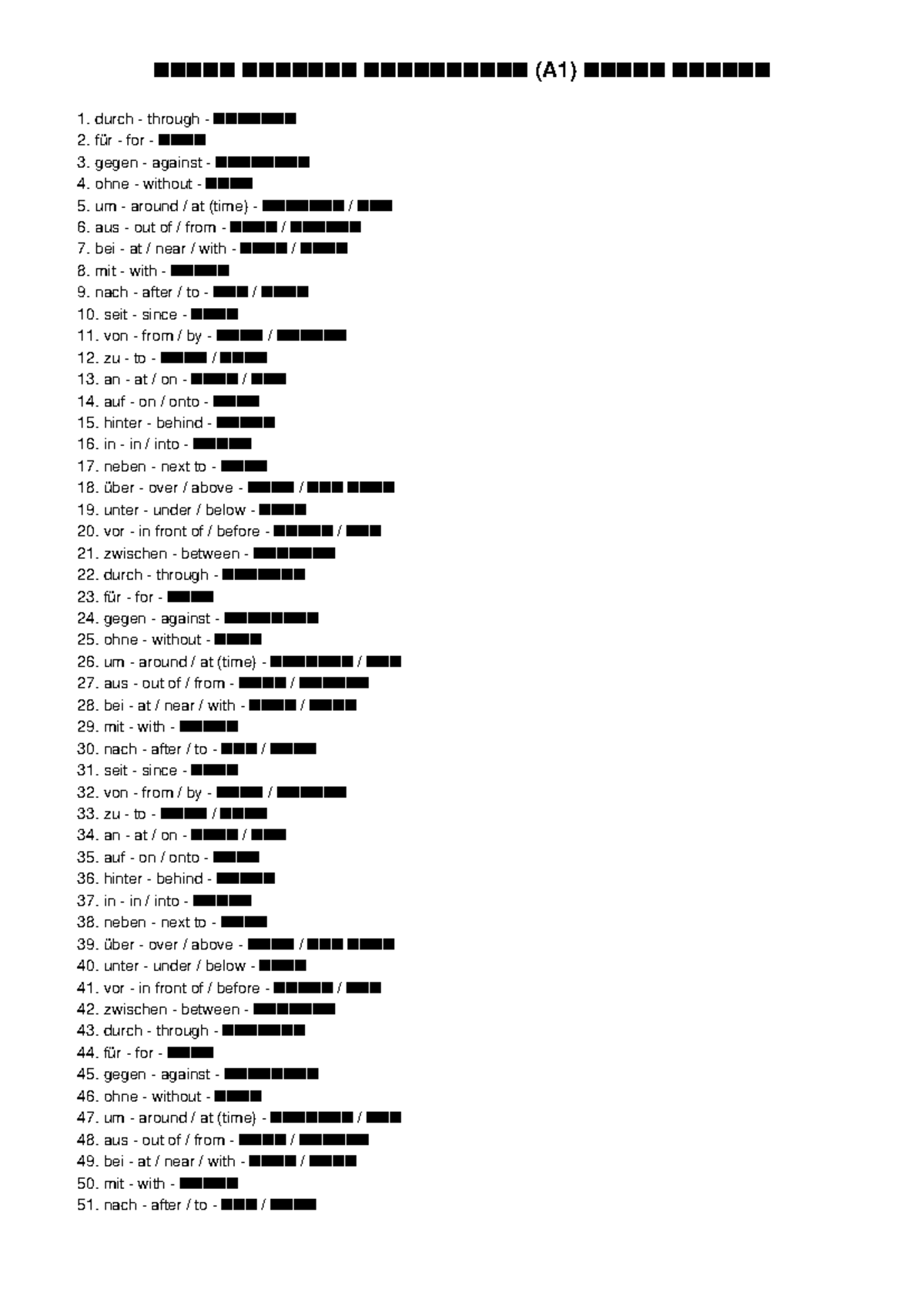 A1 German 200 Prepositions: Comprehensive Guide in Bangla - Studocu