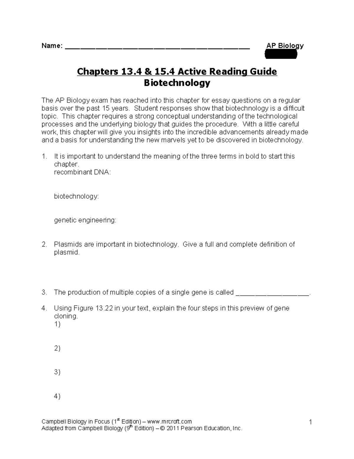 AP Biology Active Reading Guide: Chapters 13.4 & 15.4 on Biotechnology - Studocu
