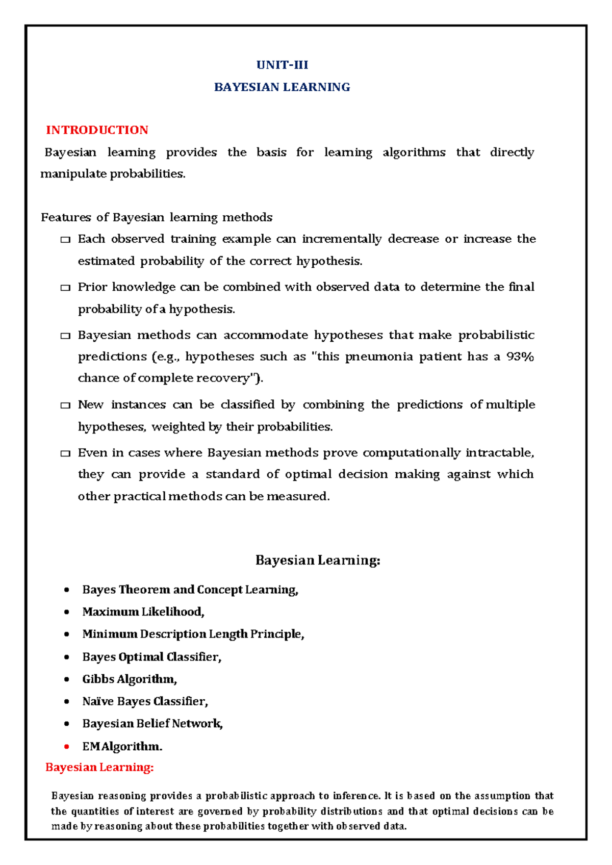 UNIT-3: Introduction to Bayesian Learning in Machine Learning - Studocu