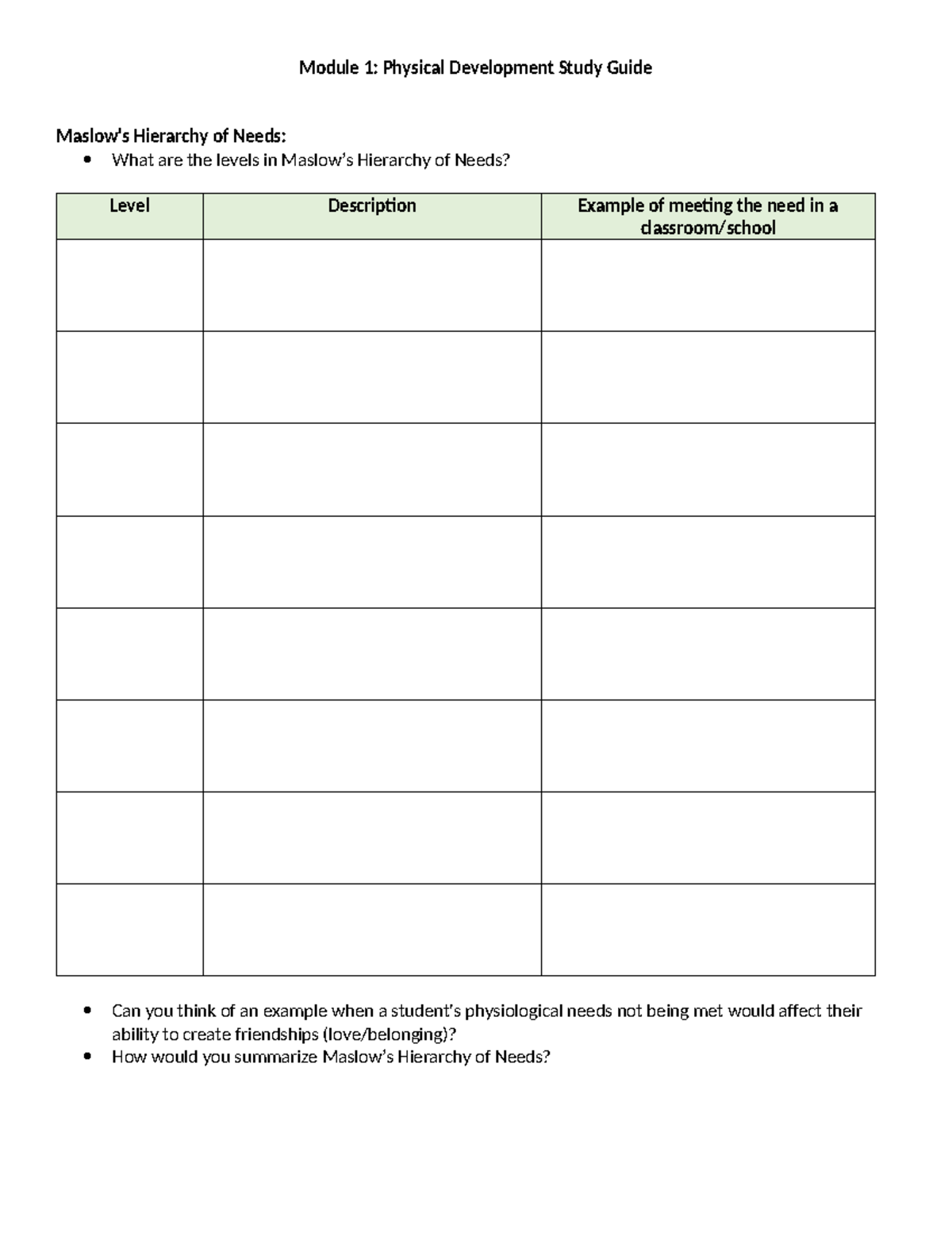 D094 D307 M1 Study Guide 1 - EDSE 350 - Module 1: Physical Development ...