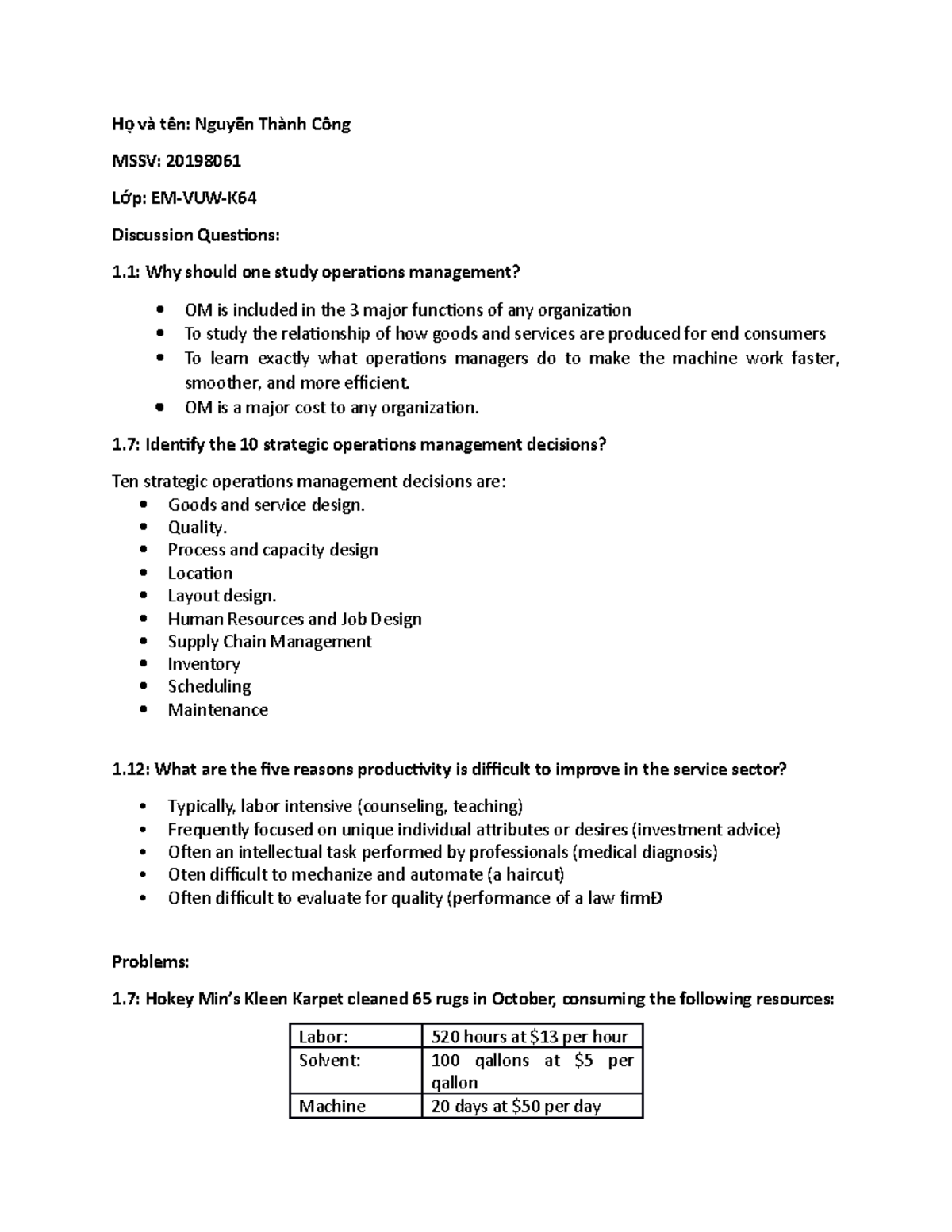 Assignment 1: Operations Management Insights - Nguyen Thanh Cong (2019 ...