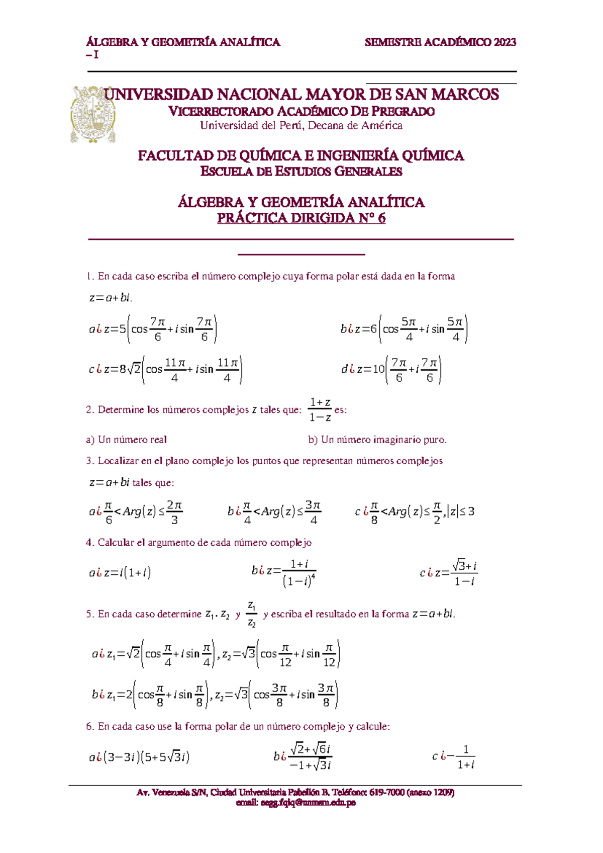 Práctica Dirigida 6: Números Complejos II - Álgebra y Geometría ...
