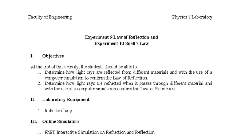 Engineering Physics 1 Lab: Exp 9 Reflection & Exp 10 Snell's Law - Studocu