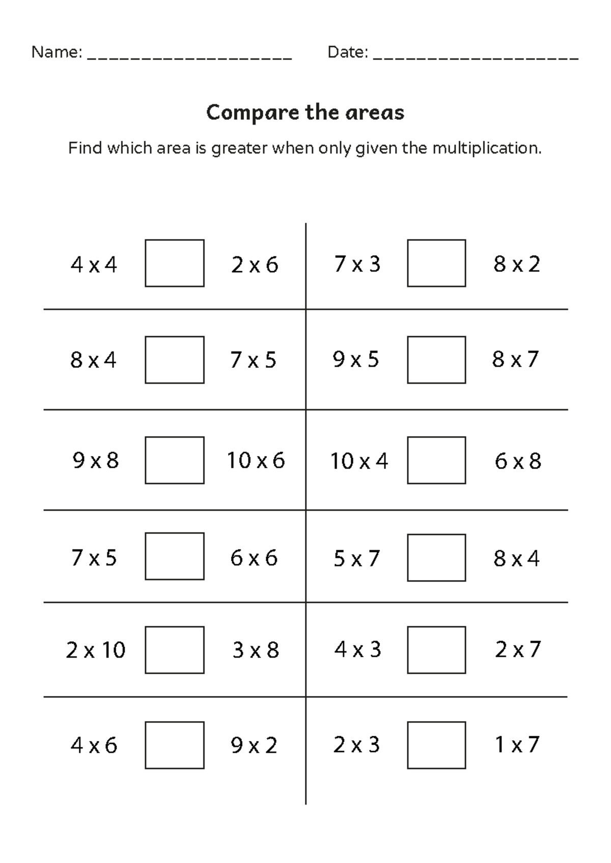 Compare Areas using Multiplication - 3rd Grade Worksheet - Name ...