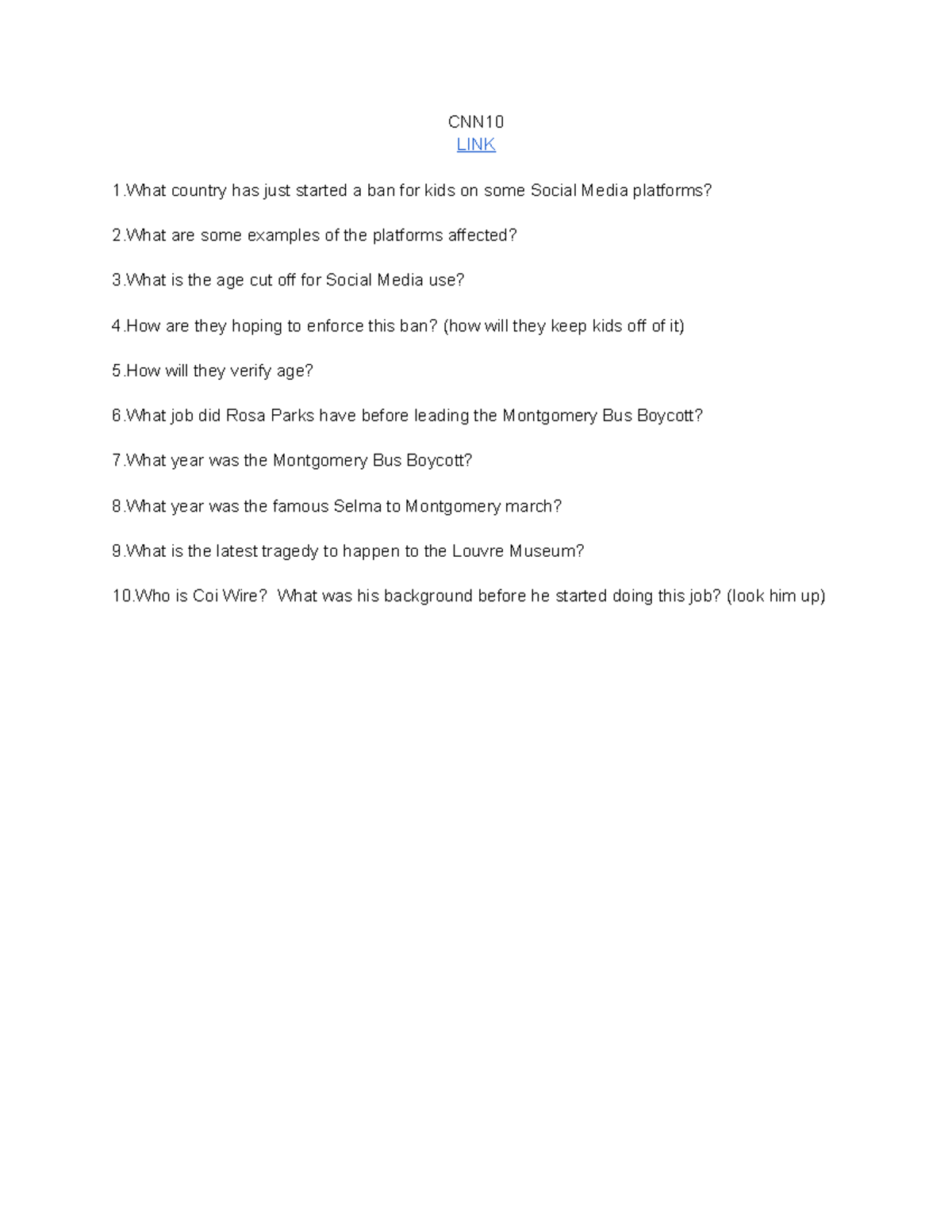 CNN10 Quiz: Social Media Ban, Rosa Parks, and Current Events - Studocu