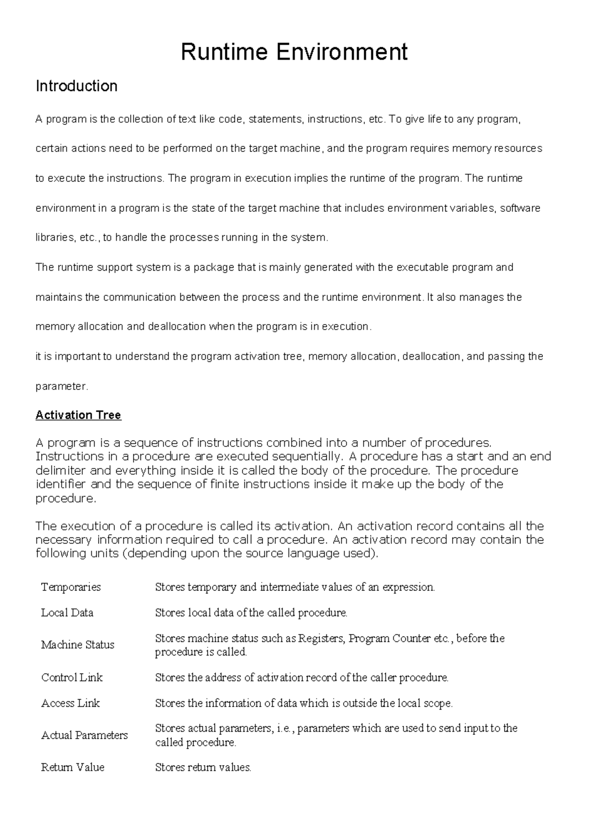 Unit 4 CD - Runtime Environment and Memory Management - Studocu